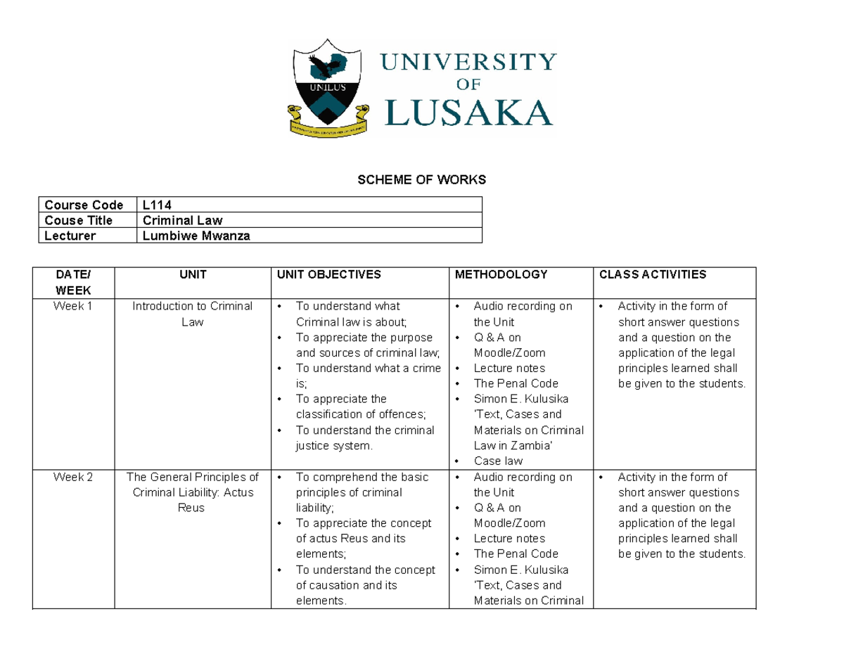 L114 Criminal Law 2 - Scheme of Work Overview and Activities - Studocu