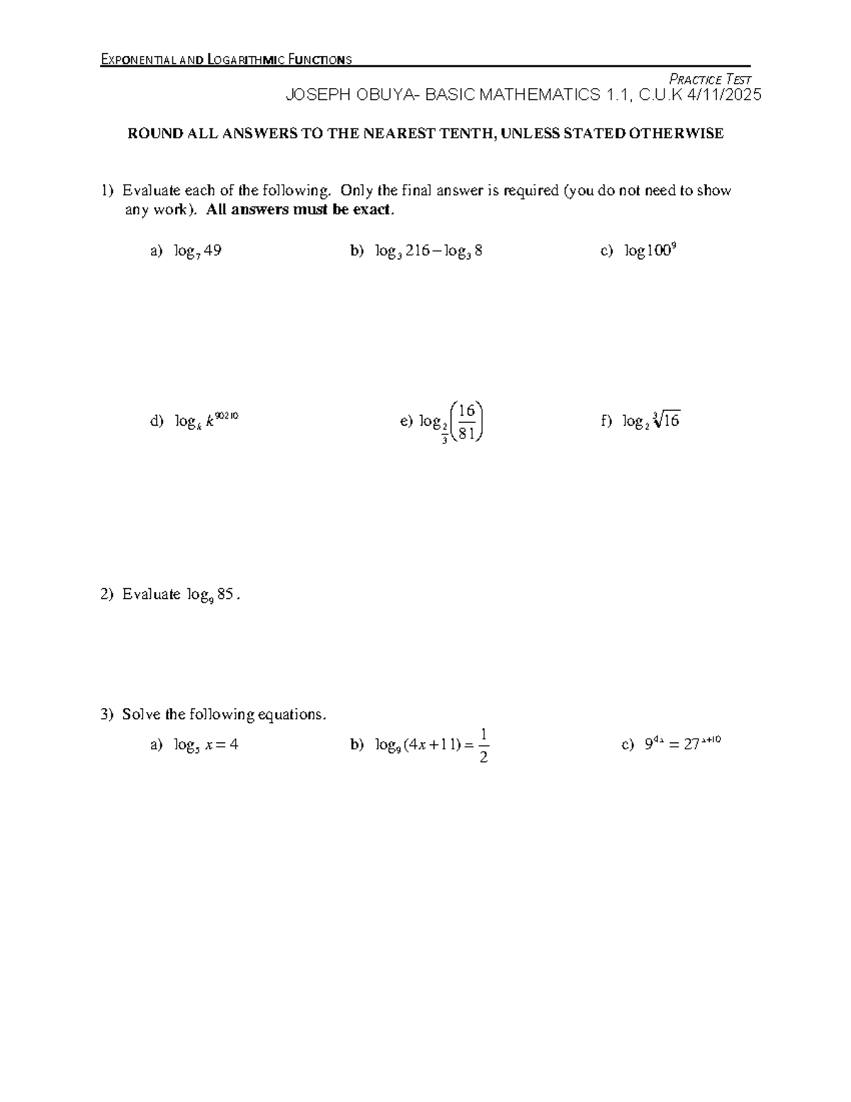 Exponential & Logarithmic Functions Practice Test - Math 1.1 - Studocu