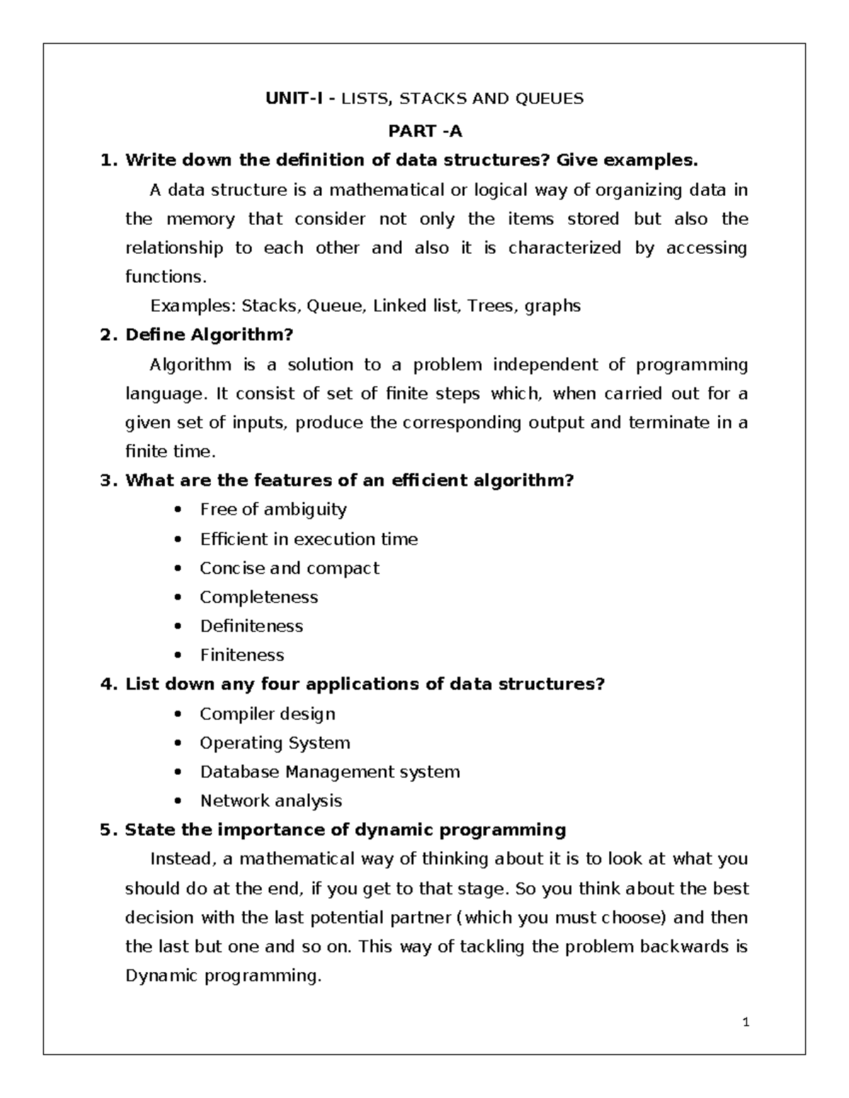 Data Structures Overview: Lists, Stacks, and Queues (DS UNIT - I) - Studocu