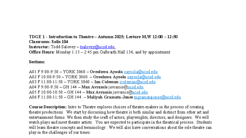 TDGE 1 Introduction to Theatre Fall 2025 Syllabus and Course Overview ...