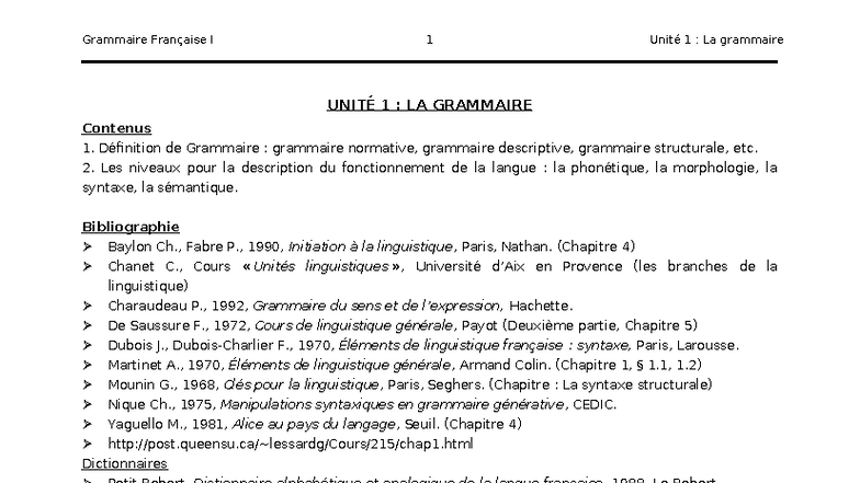 Grammaire Française I - Unité 1 : Concepts et Définitions 2023 - Studocu