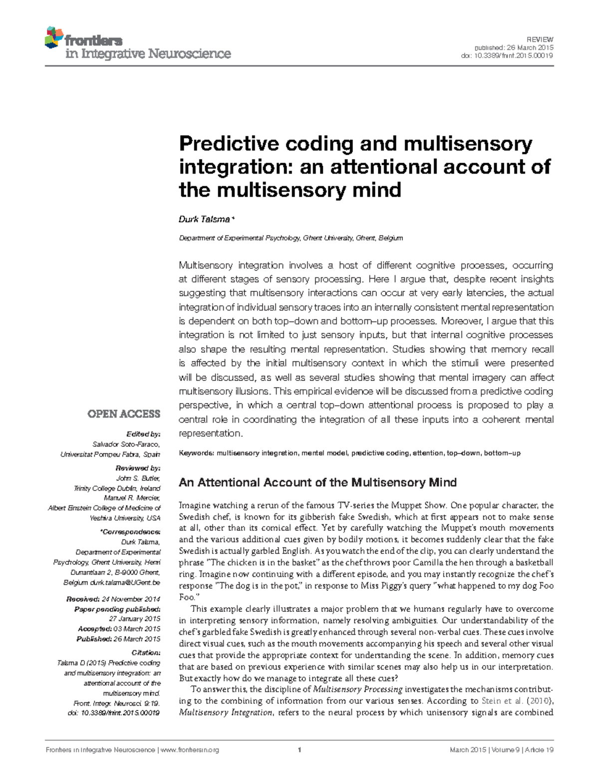 Multisensory Integration and Predictive Coding: An Attentional Approach ...