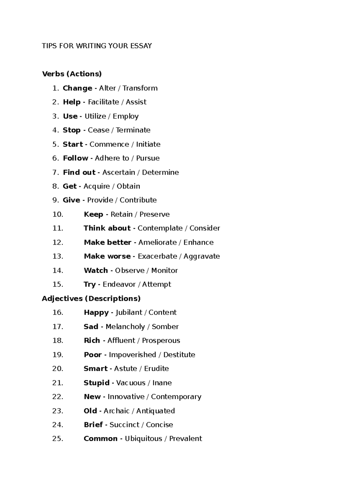 TIPS FOR WRITING YOUR ESSAY: Verbs, Adjectives, and More - Studocu