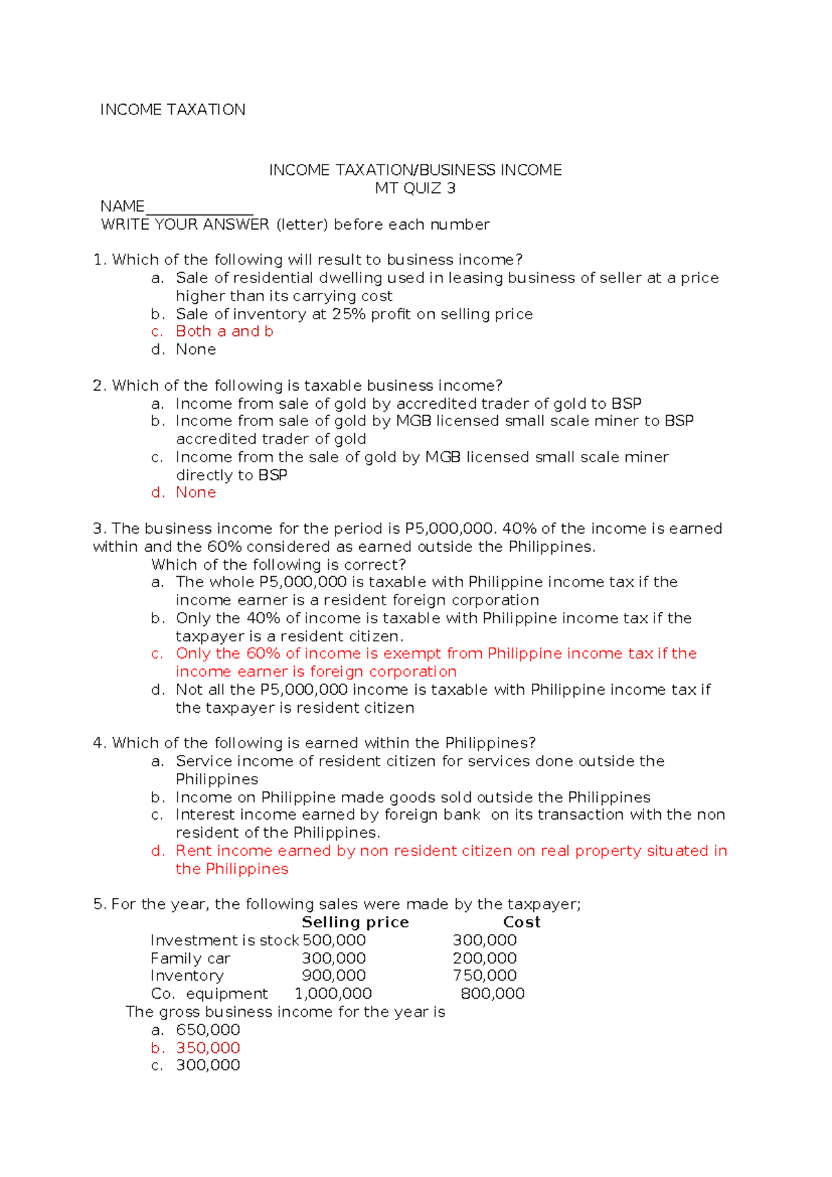 INCOME TAXATION MT QUIZ 3: Business Income Concepts and Questions - Studocu