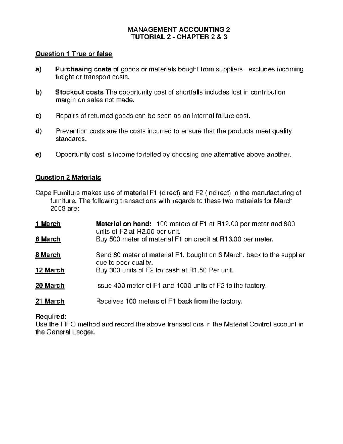 Management accounting 2 tutorial 2 - question paper and solutions - Studocu