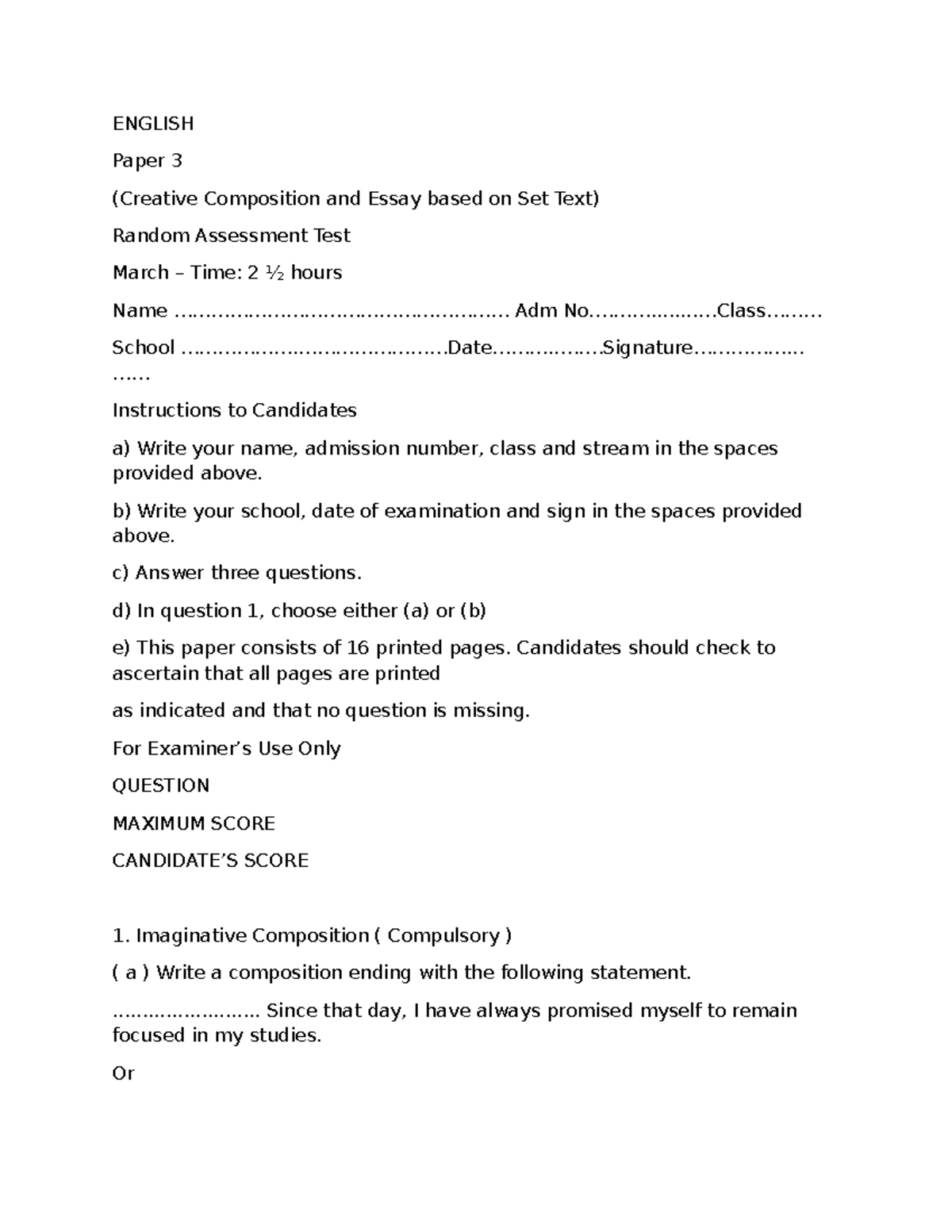 ENGLISH Paper 3: Creative Composition & Essay Assessment March - Studocu