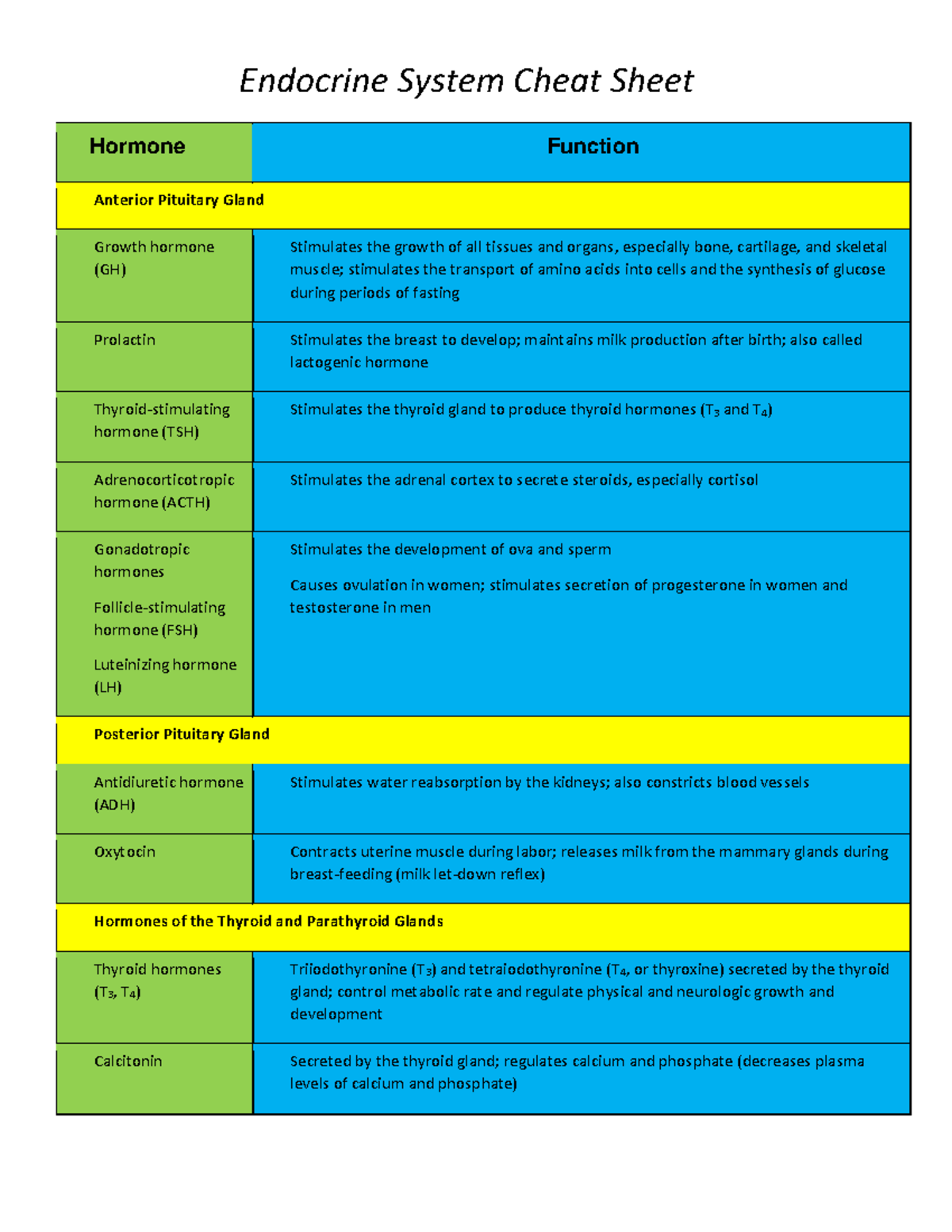 Endocrine System Hormones Overview Cheat Sheet for Quick Review - Studocu
