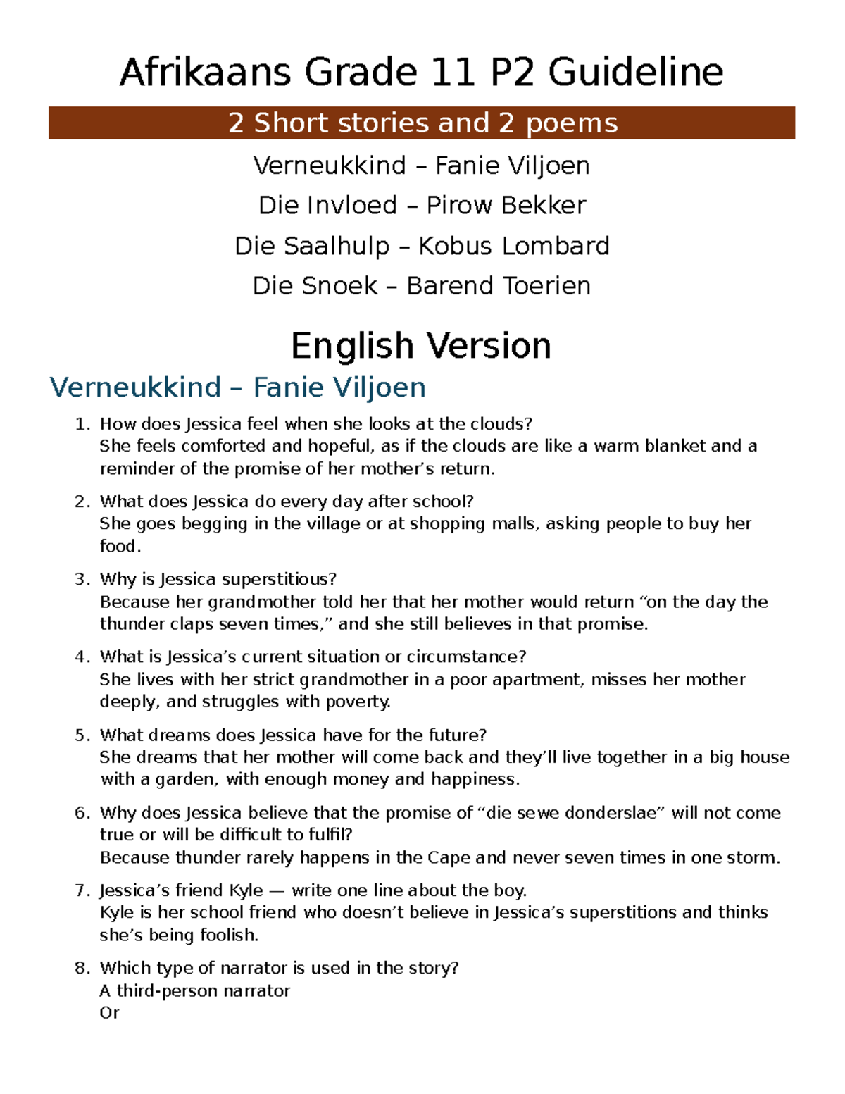 Afrikaans Grade 11 P2 Study Guide: Short Stories & Poems Analysis - Studocu
