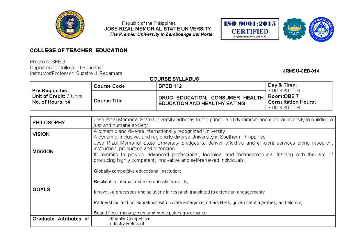 Syllabus - DRUG ED BPED 112: 2022-2023 Final Course Overview - Studocu