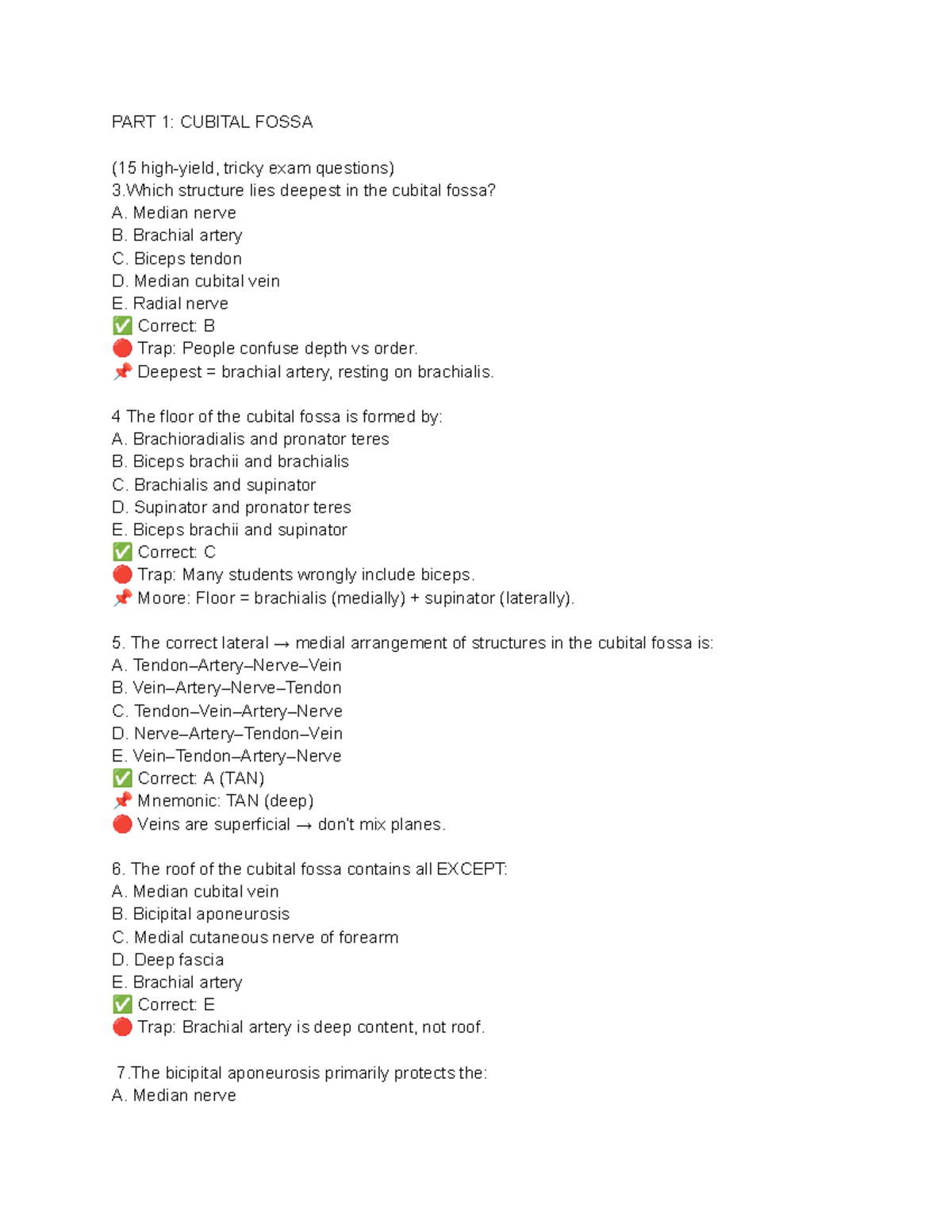 Cubital Fossa MCQs: 15 Key Exam Questions & Answers - Studocu