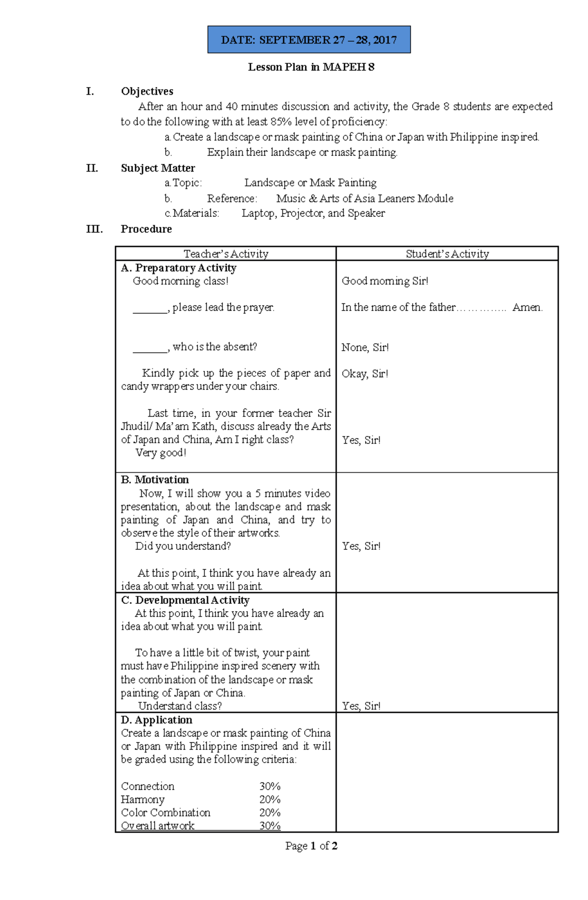 Lesson Plan in Mapeh 8 - rtgth56hy6 - Lesson Plan in MAPEH 8 I ...