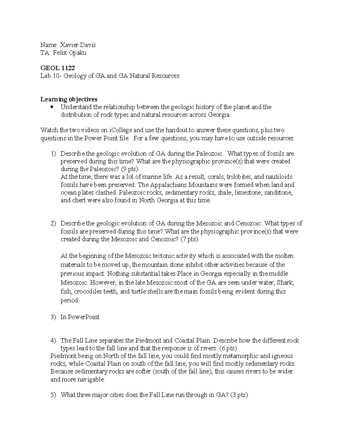 GEOL 1122 Lab 10 Final Assignment: Geology of Georgia & Resources - Studocu