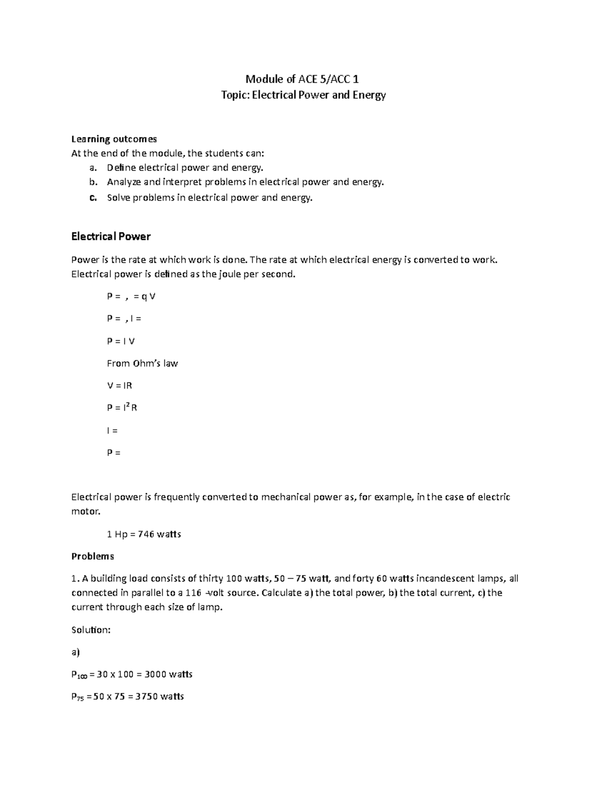 Electrical Power and Energy Module ACE 5/ACC 1: Key Concepts and ...