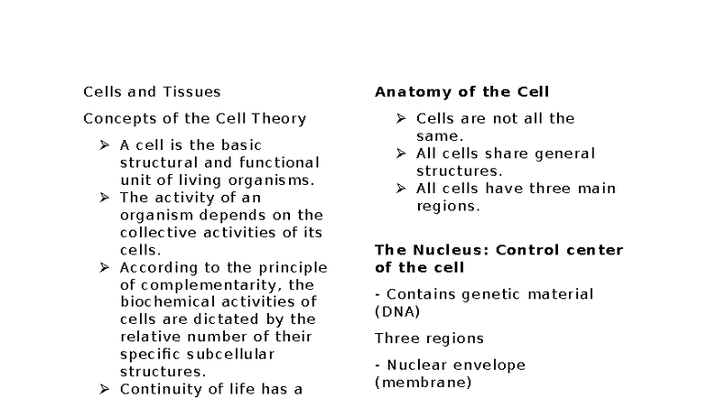 Cells and Tissues: Key Concepts and Structures in Cell Theory - Studocu