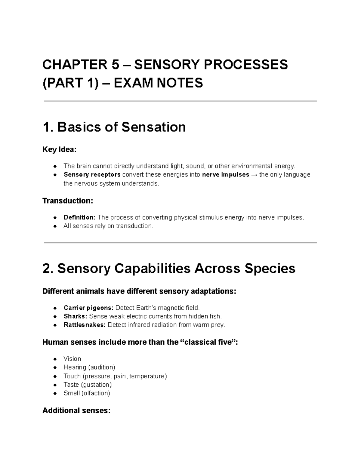 CHAPTER 5 SENSORY PROCESSES EXAM NOTES: SENSATION & PERCEPTION - Studocu