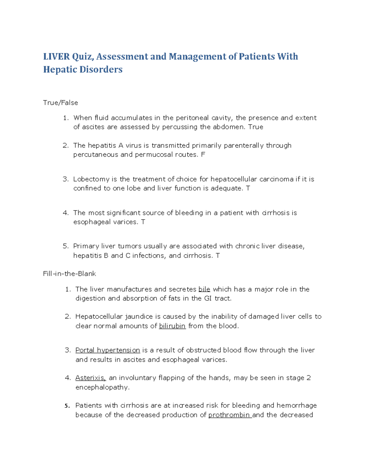 Liver Prelecture quiz - LIVER Quiz, Assessment and Management of ...
