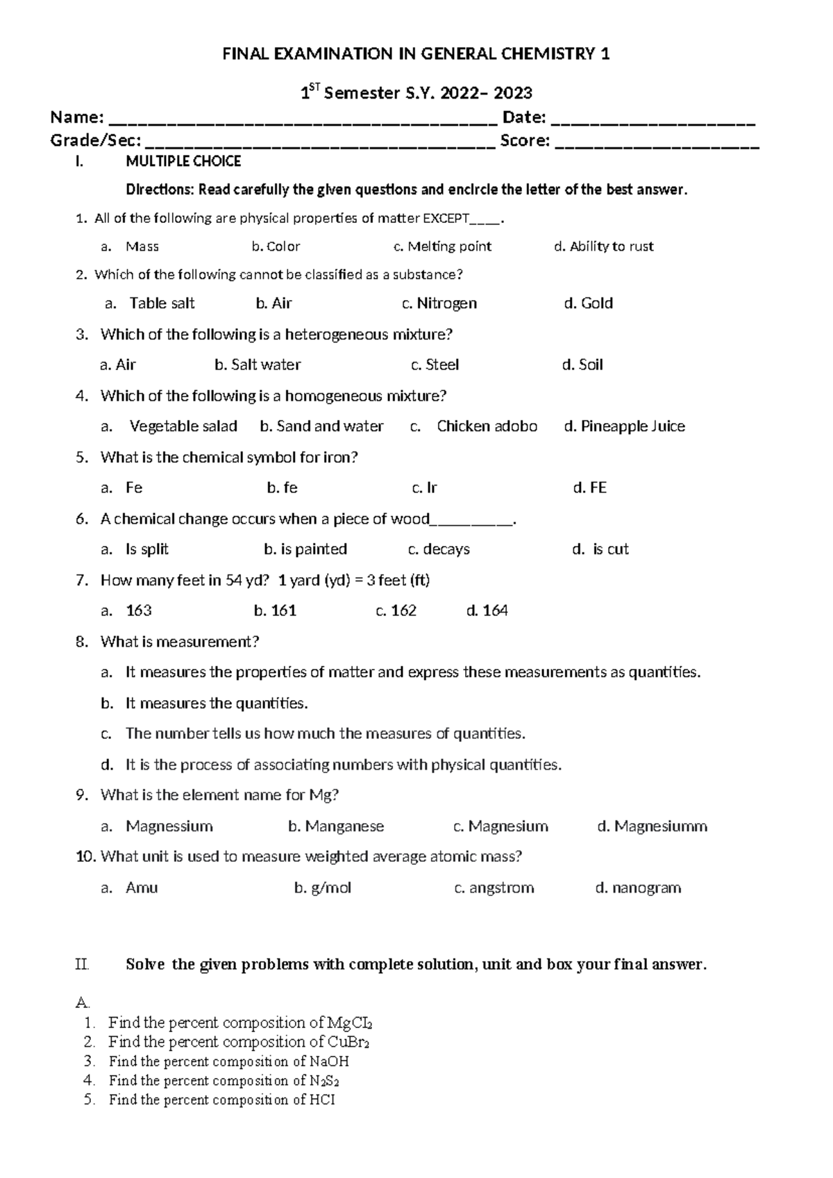 FINAL EXAMINATION IN GENERAL CHEMISTRY 1 - 1ST SEMESTER S.Y. 2023 - Studocu