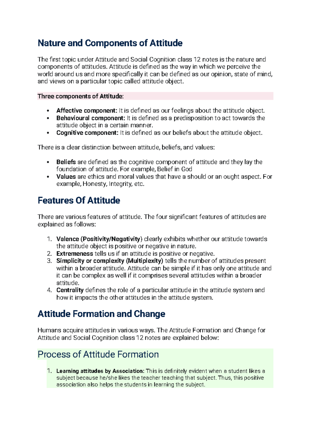 Attitude and Social Cognition Class 12: Comprehensive Notes - Studocu