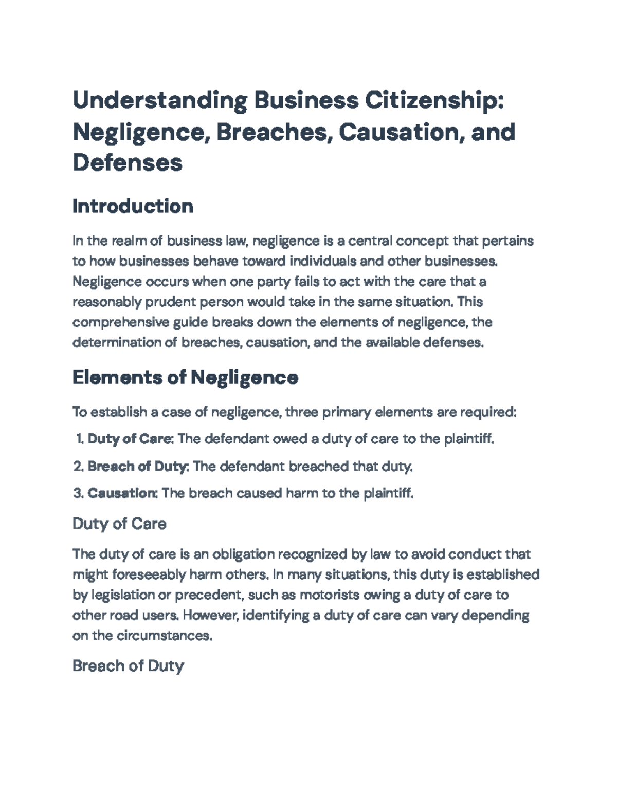 Understanding Business Law: Negligence, Breaches & Defenses - Studocu