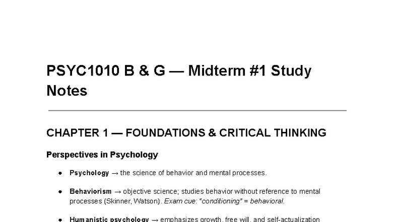 PSYC1010 B G Midterm Study Notes: Foundations of Psychology - Studocu