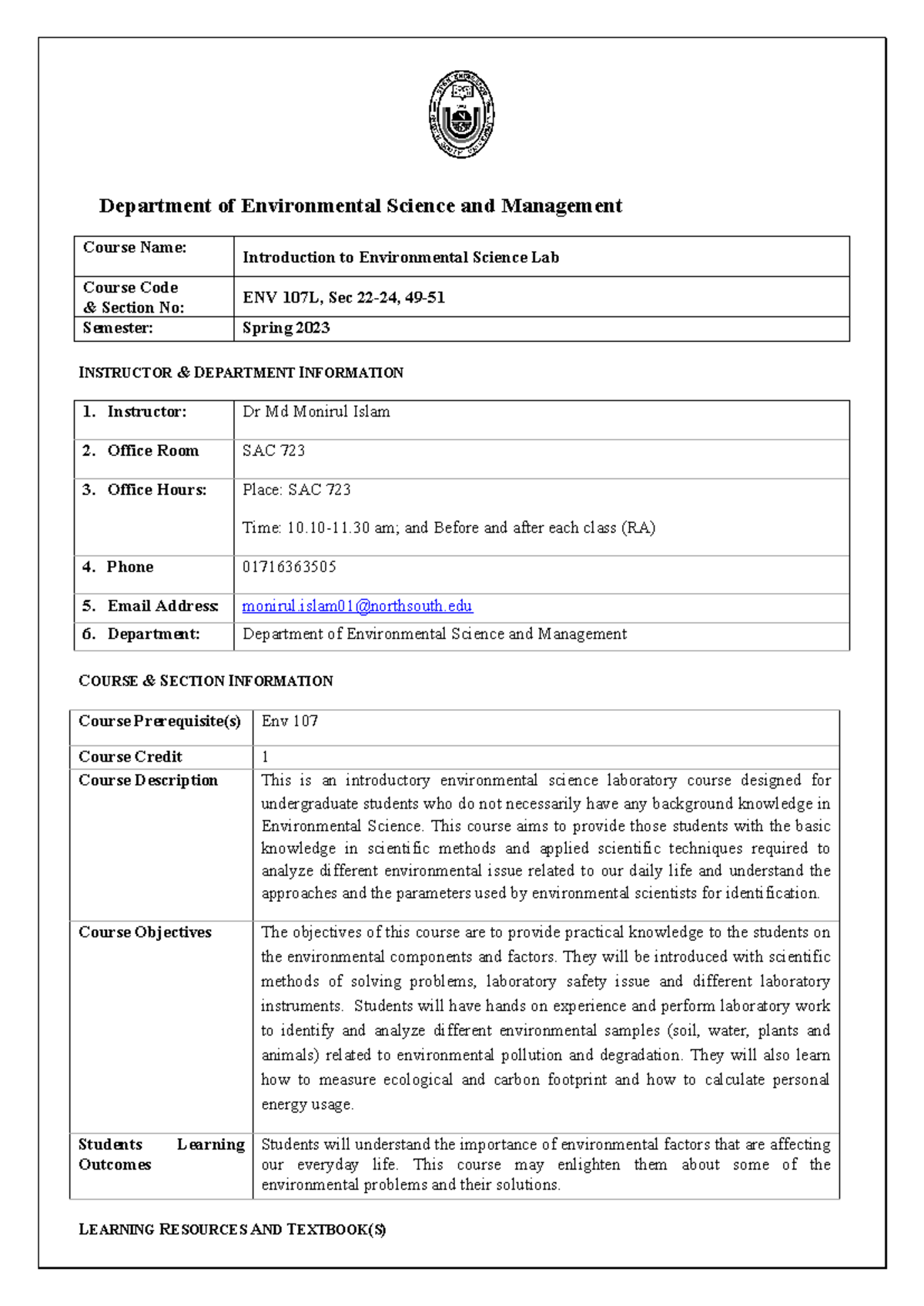 ENV 107L Spring 2023 Lab Course Outline & Assessment Details - Studocu