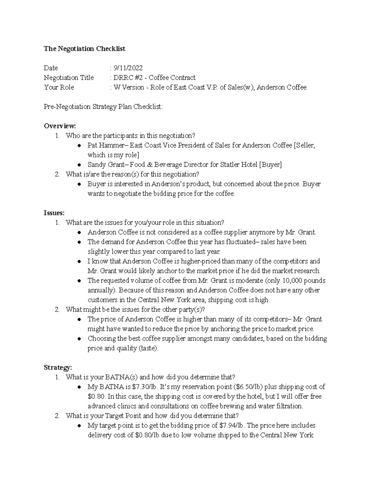DRRC #2 - Pre-Negotiation Strategy for Coffee Contract - Studocu
