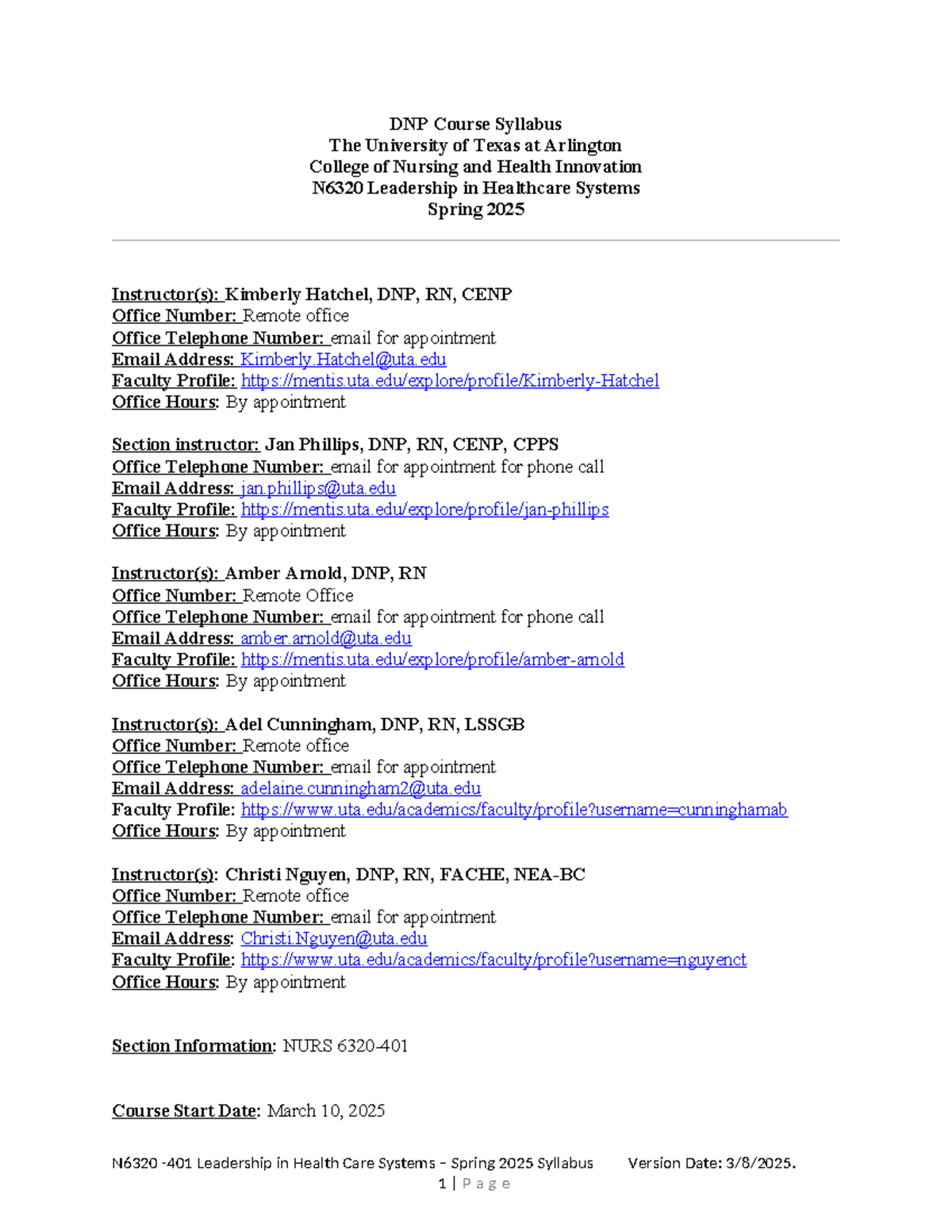 N6320 Leadership in Healthcare Systems Spring 2025 Course Syllabus ...