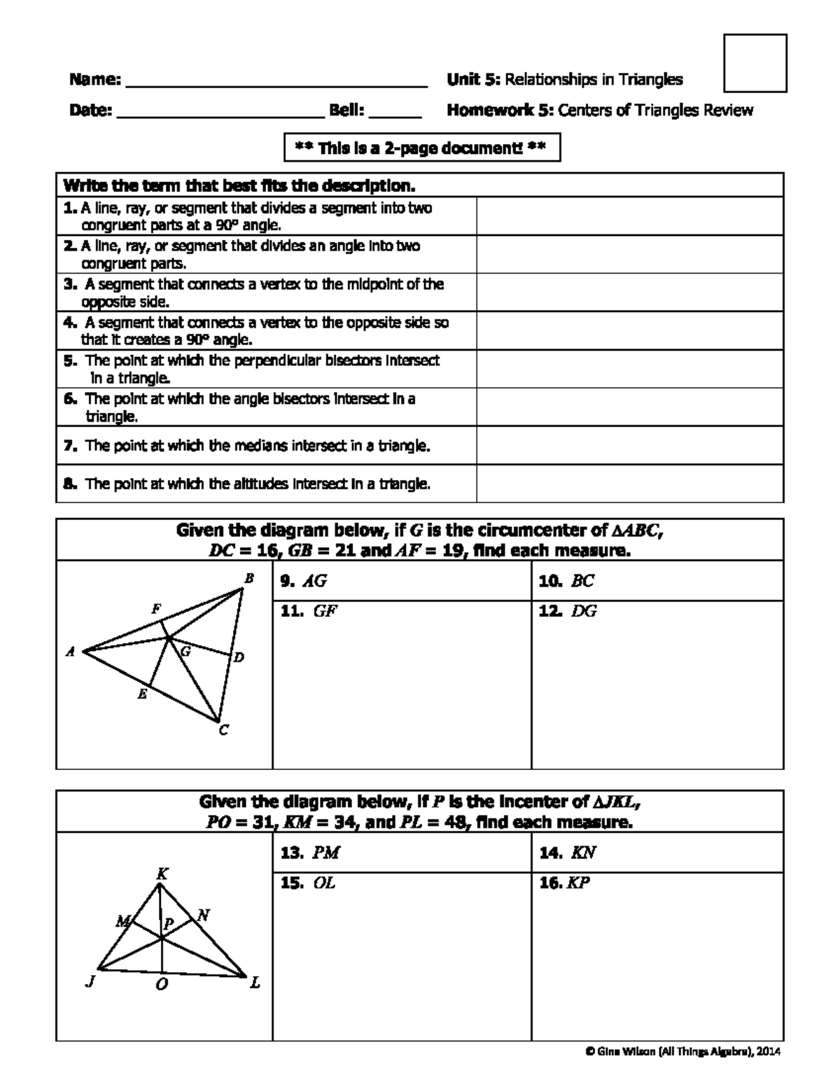 Unit 5: Homework 5.5 - Centers of Triangles Review - Studocu