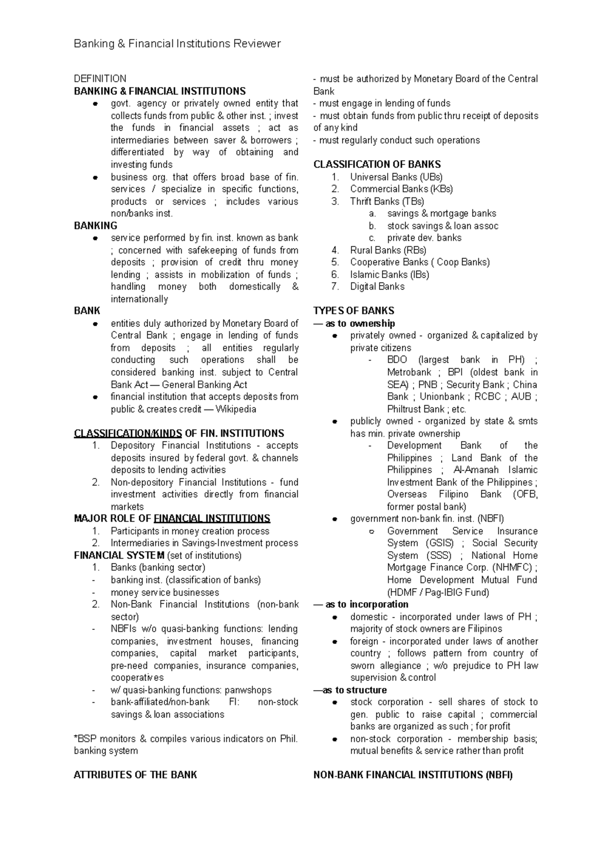 Banking Financial Institutions Reviewer (BFI) Overview and ...