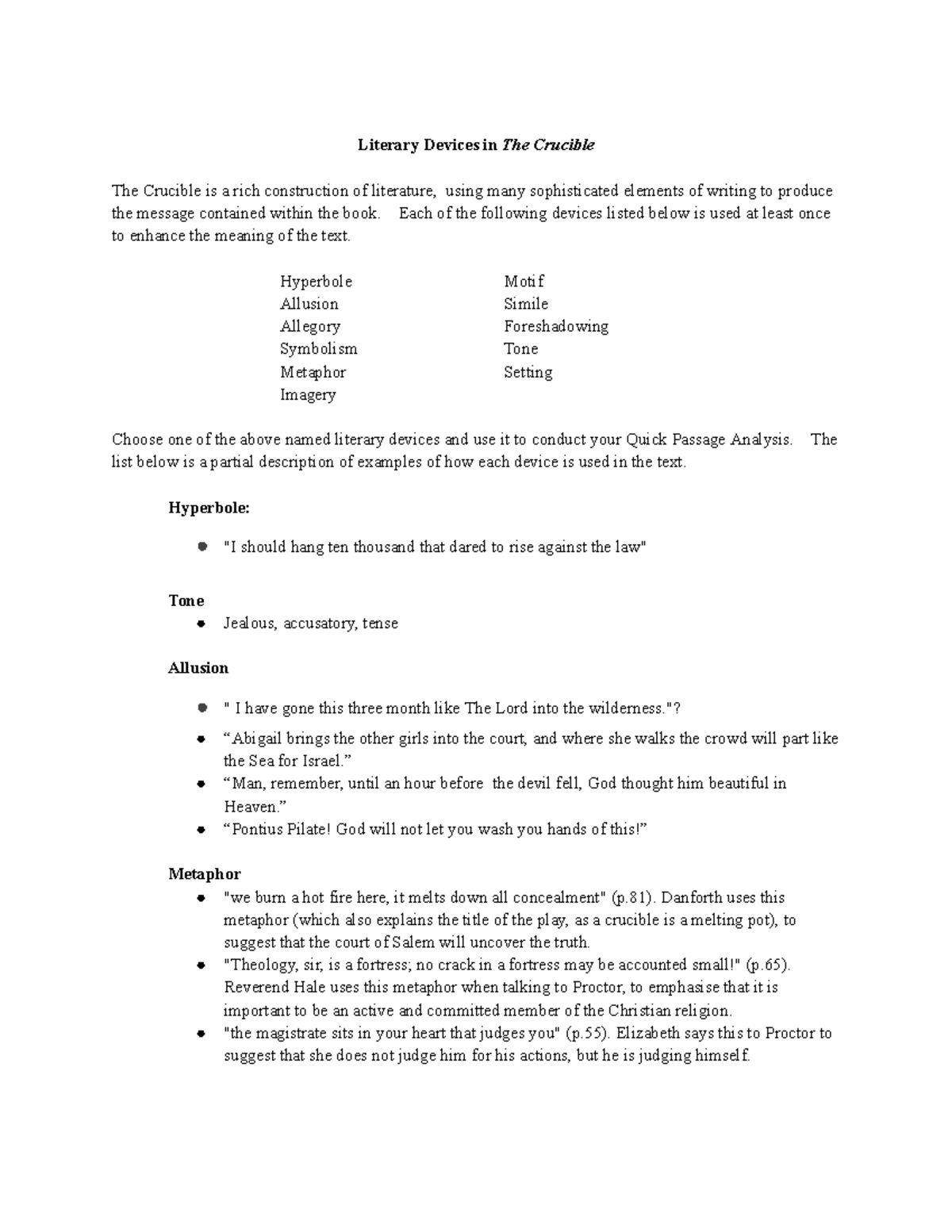 Crucible Quotes Analysis: Literary Devices in The Crucible - Studocu