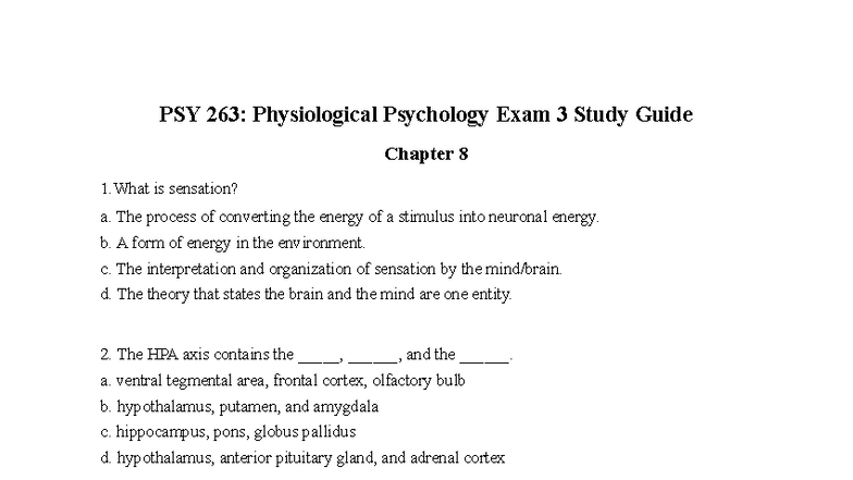 PSY 263: Physiological Psychology Exam 3 Study Guide & Answers - Studocu