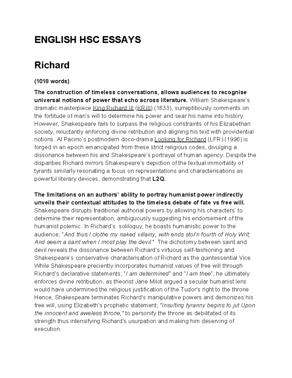Module A Essay - Exploring Power in King Richard (HSC) - Studocu
