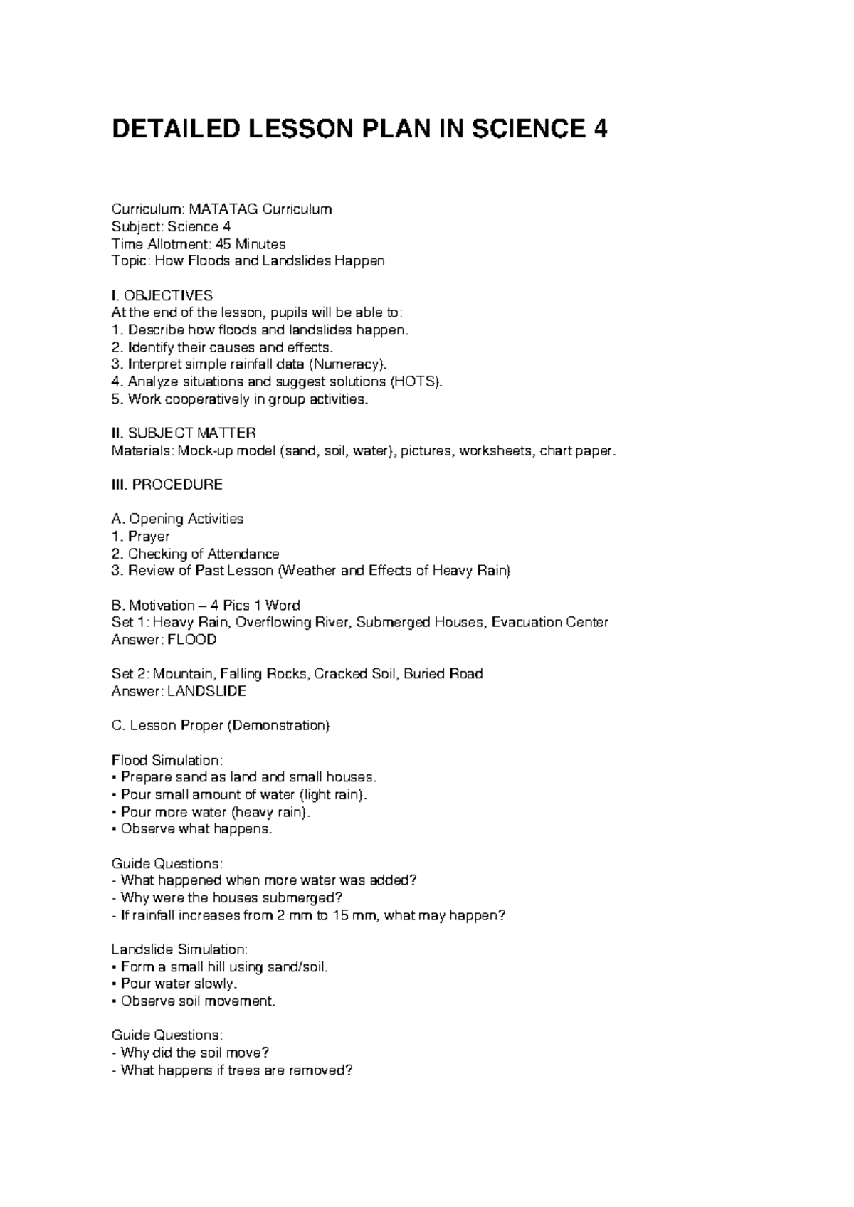 Science 4 Detailed Lesson Plan: Floods & Landslides - Studocu