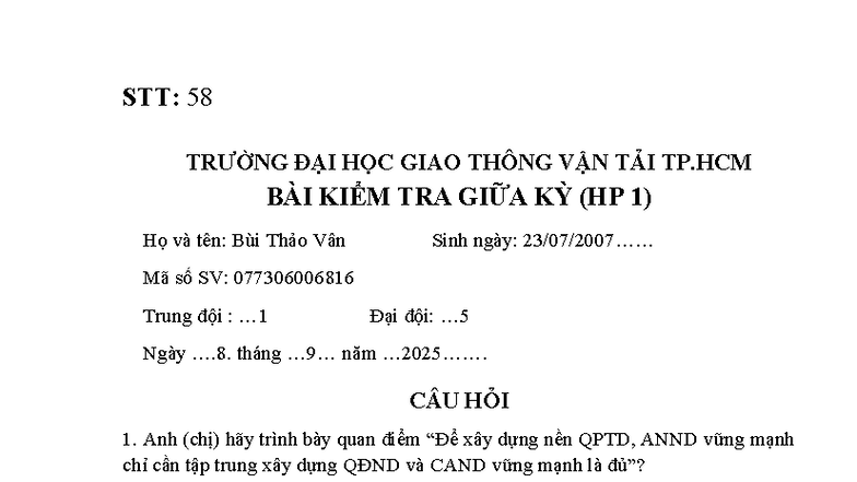 STT: 58 - Bài Kiểm Tra Giữa Kỳ (HP 1) về QPTD và ANND - Studocu