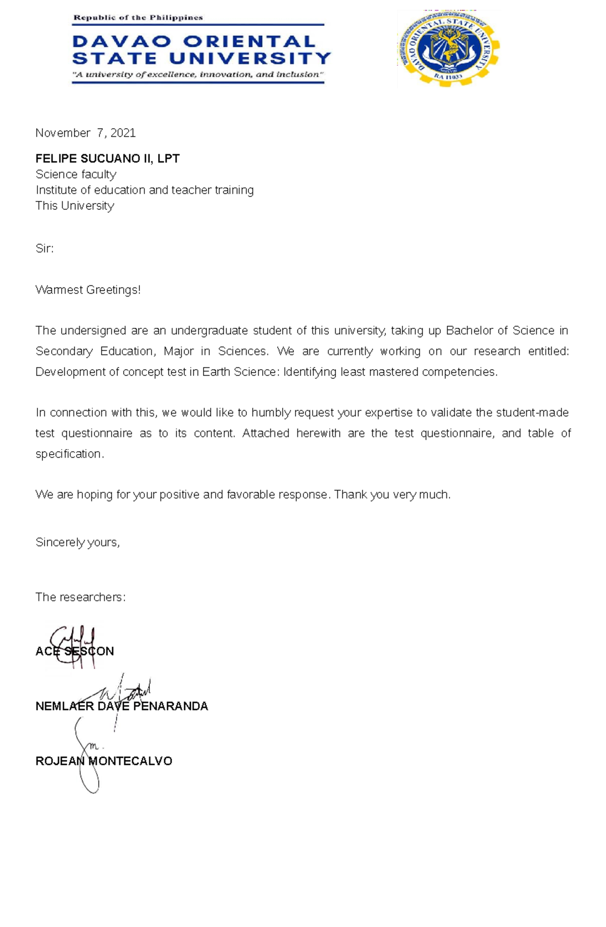 Validation-Letter - Jjajaaj - November 7, 2021 FELIPE SUCUANO II, LPT ...