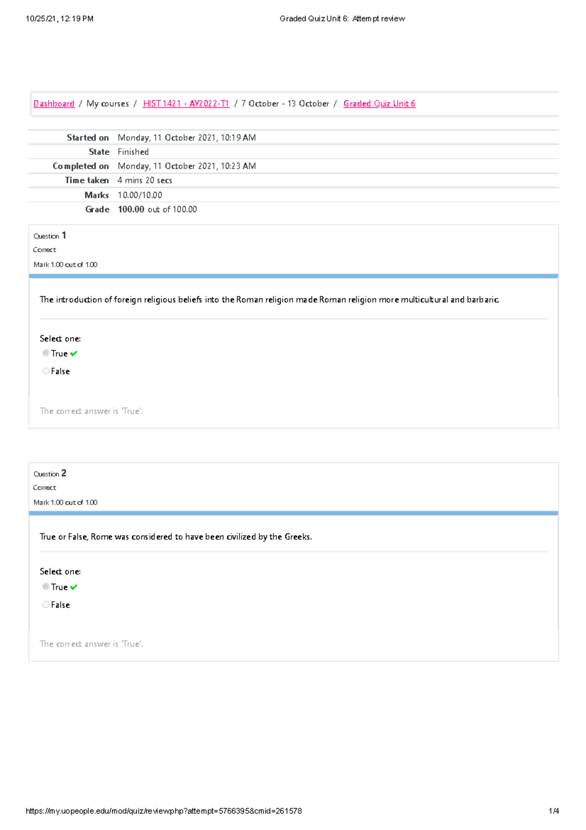 Reviewed Graded Quiz Unit 6: Greek & Roman Civ. Insights HIST 1421 ...