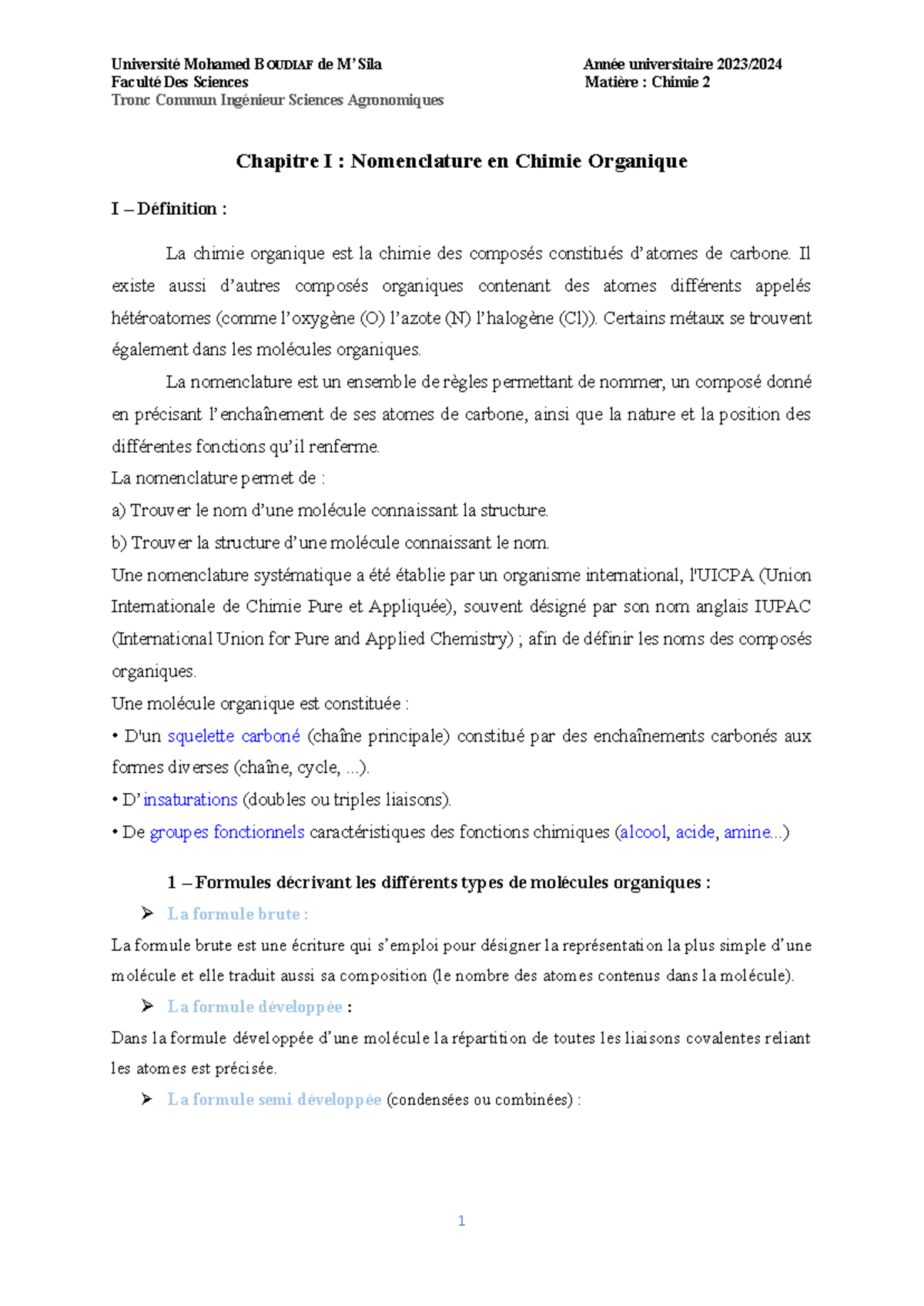 Chapitre I - Nomenclature des composé organique - Faculté Des Sciences ...