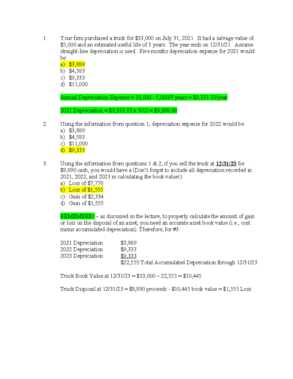 Depreciation Calculations for Truck Purchase & Disposal (ACC 101) - Studocu
