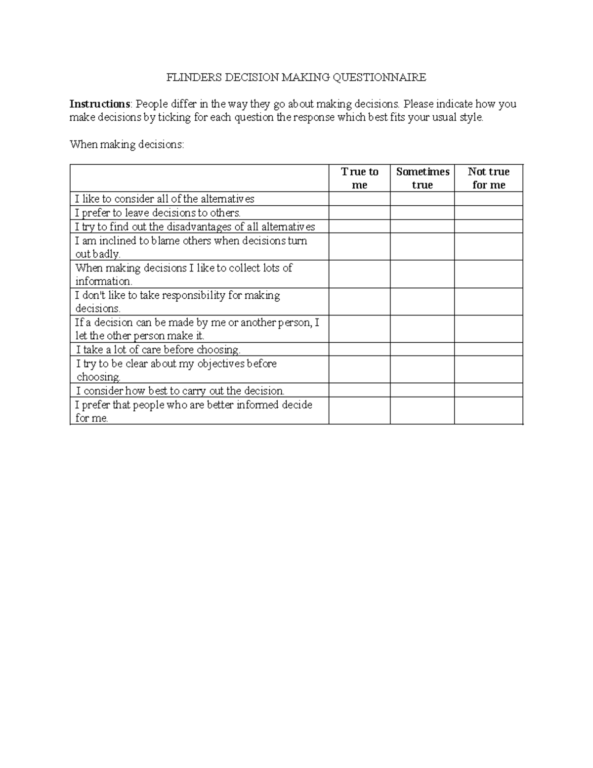 Flinders Decision Making Questionnaire Guide and Scoring Rules - Studocu