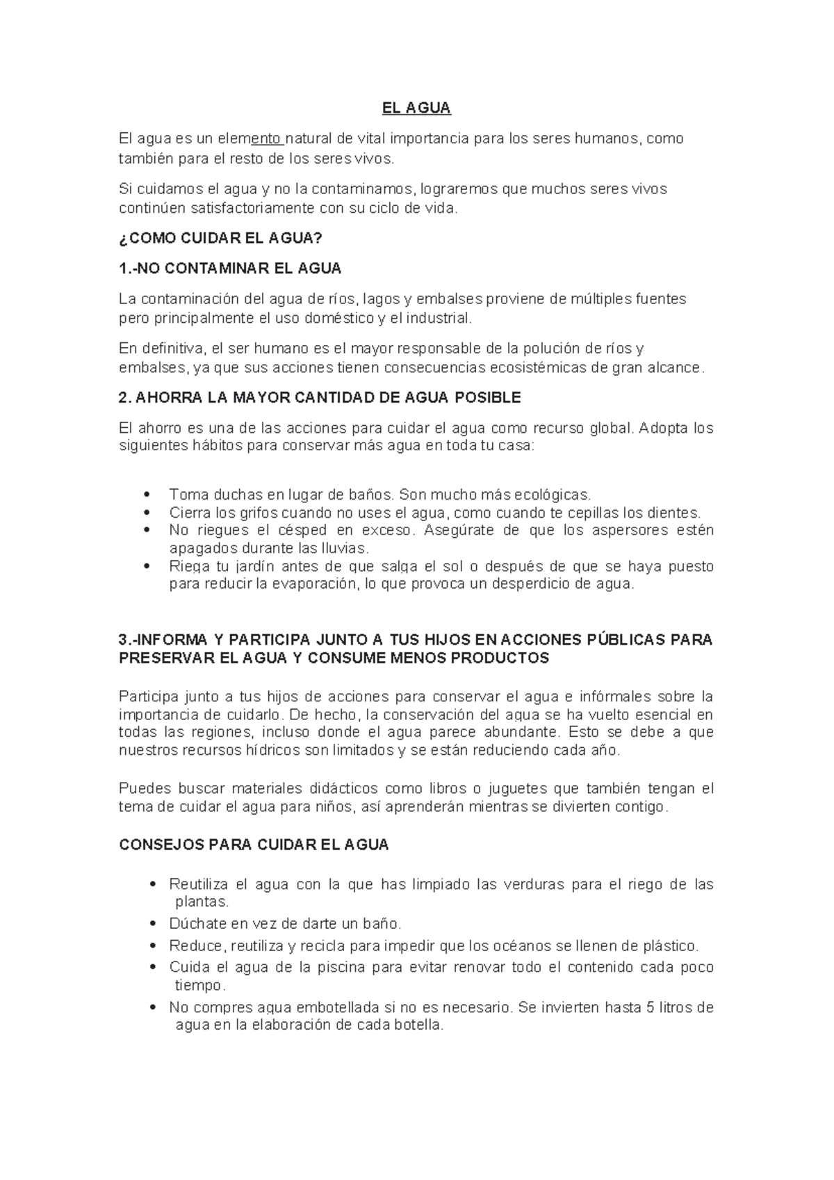 EL AGUA - ddsdsa - EL AGUA El agua es un elemento natural de vital ...