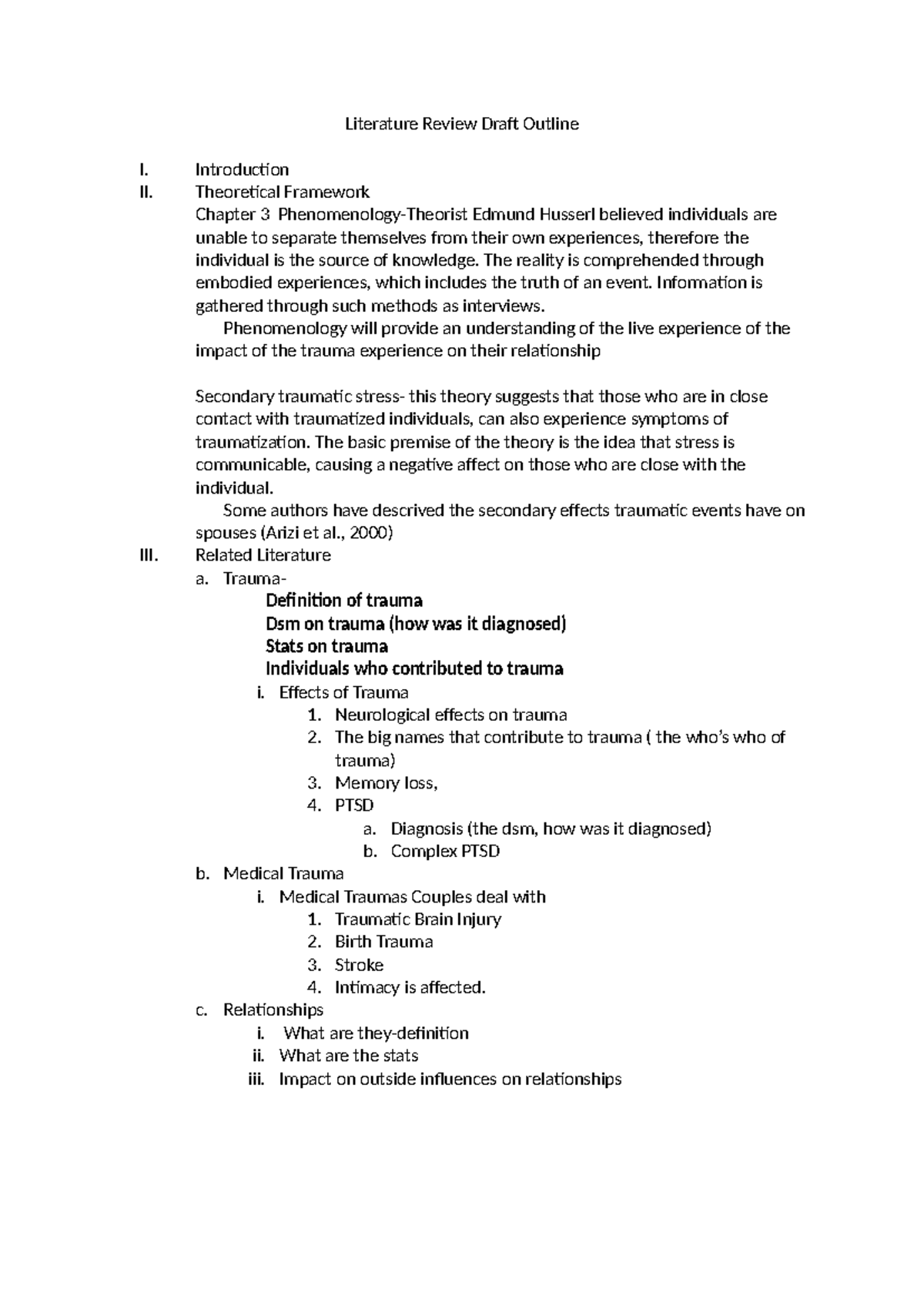 Literature Review Draft Outline: Trauma & Relationships (Course Code ...