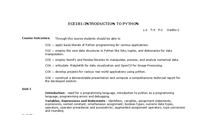 ECE181: Introduction to Python - Course Outcomes and Units Overview ...