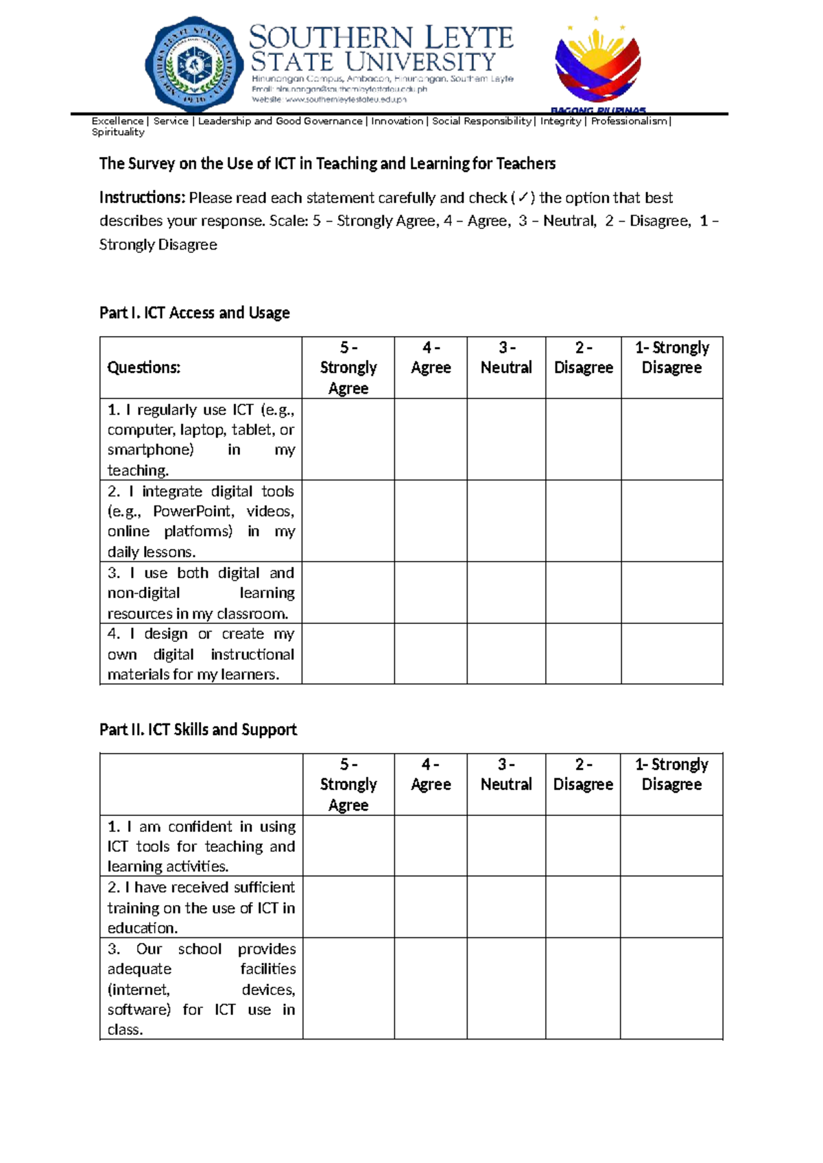 Survey Questionnaire on ICT Use in Teaching for DepEd Teachers - Studocu