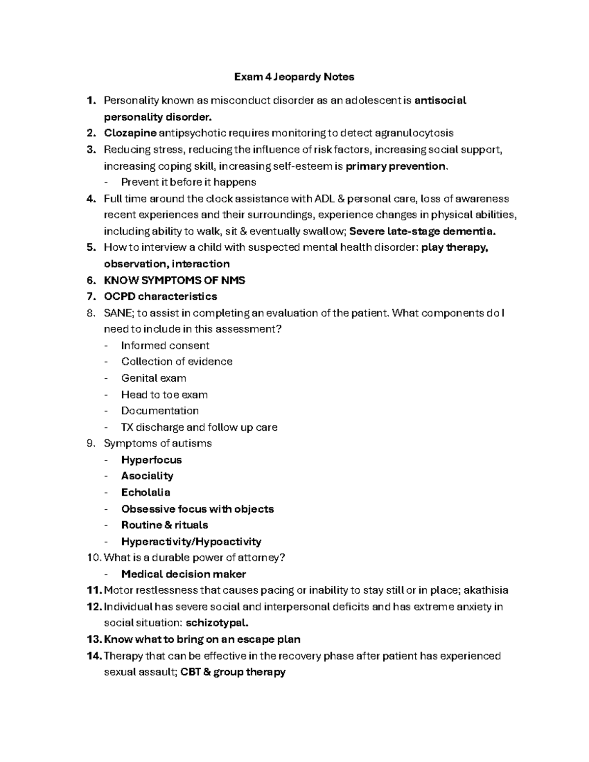 Exam 4 Jeopardy Notes - Mental Health Review for Exam 4 - Studocu
