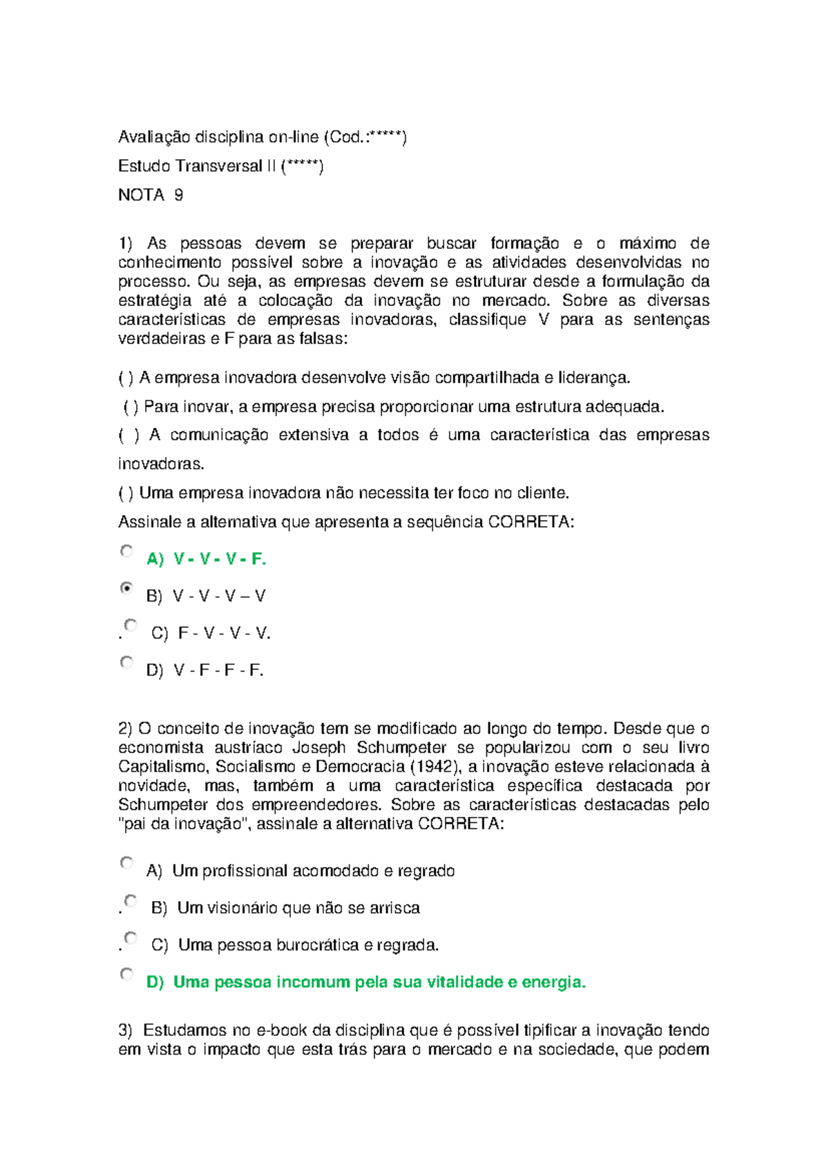 Avaliação Inovação - Estudo Transversais II - Nota 9 - Studocu