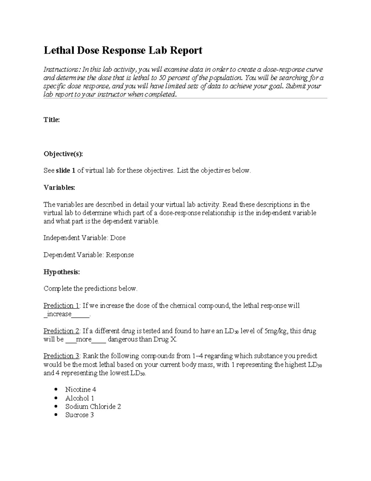 Lethal Dose Response Lab Report: Analyzing Toxicity Data and Curves ...