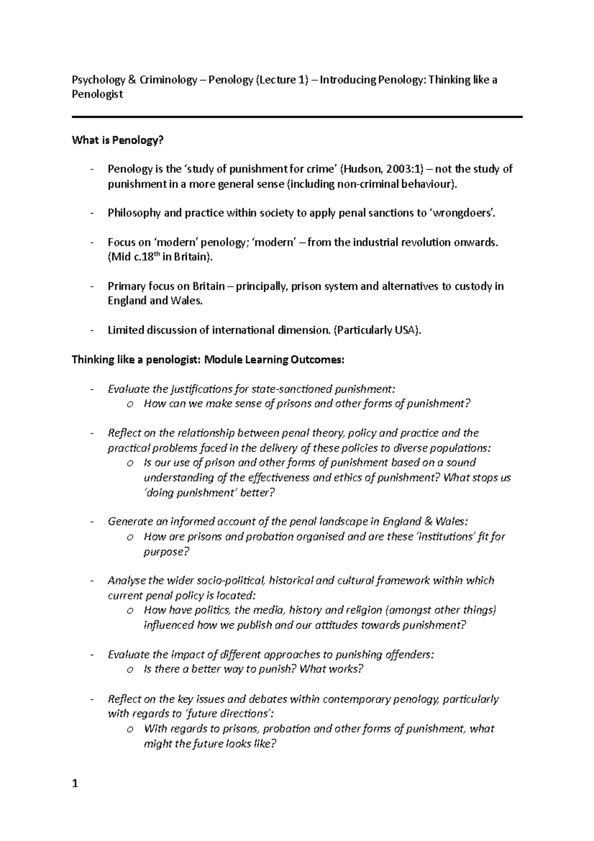 Lecture 1 - Analyzing Modern Penology: Key Concepts & Debates - Studocu