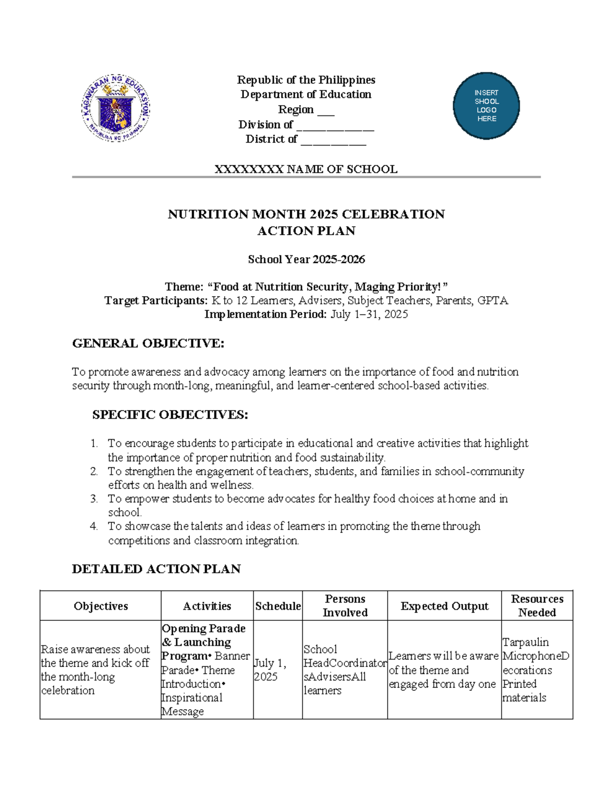 Action Plan for Nutrition Month 2025 Celebration - Studocu