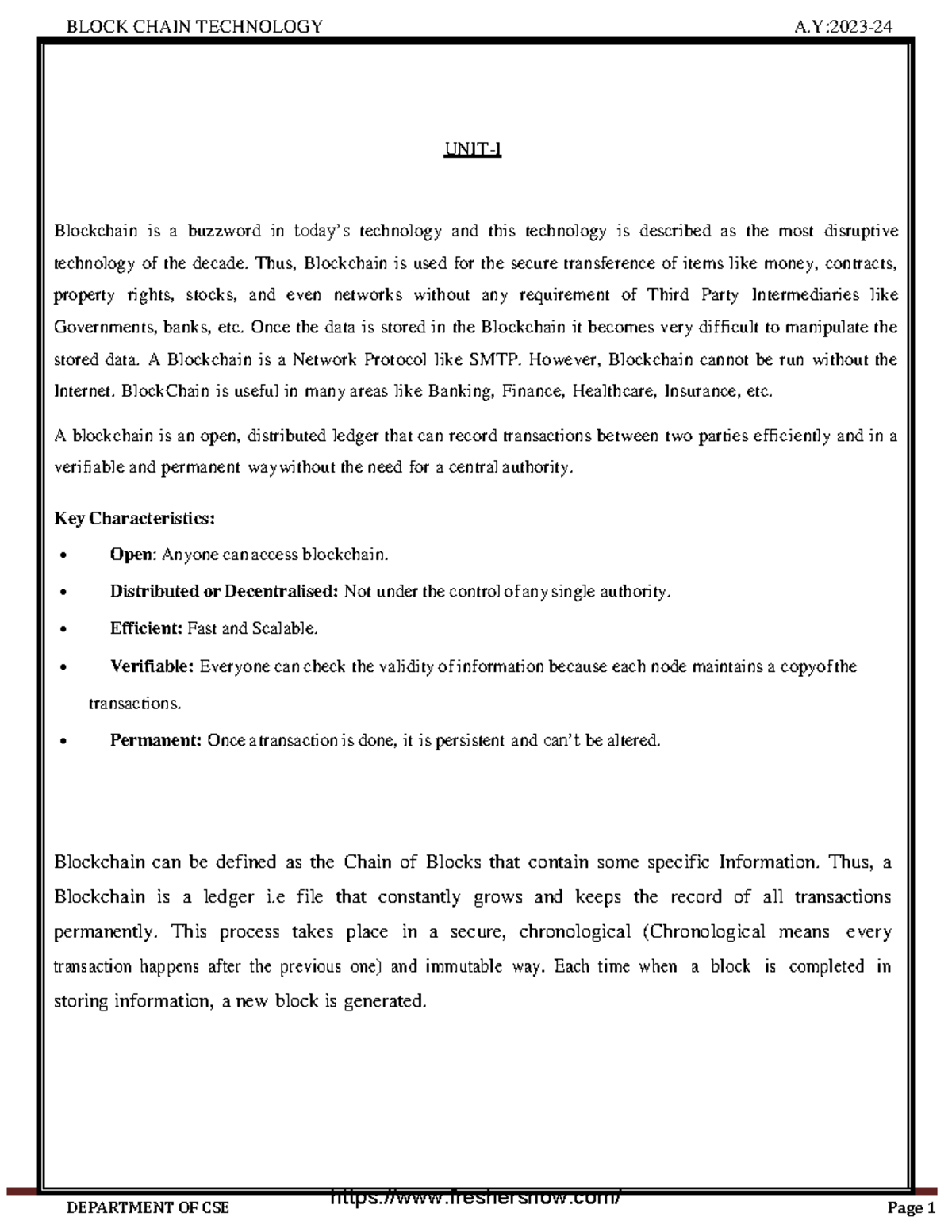 JNTUK R20 B.Tech CSE 4-1 Blockchain Technologies Unit 1 Study Notes ...