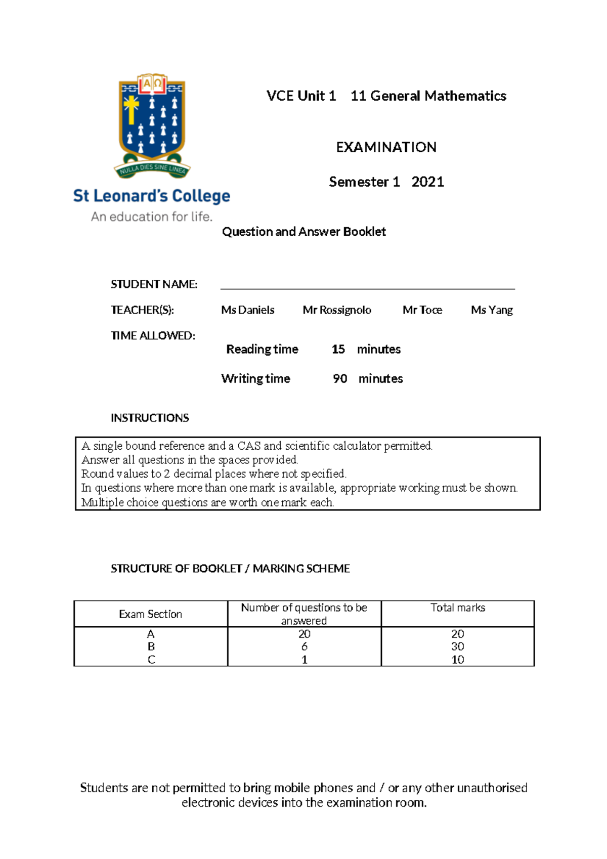 VCE Unit 1 11 General Mathematics Semester 1 2021 Exam Q&A Booklet ...